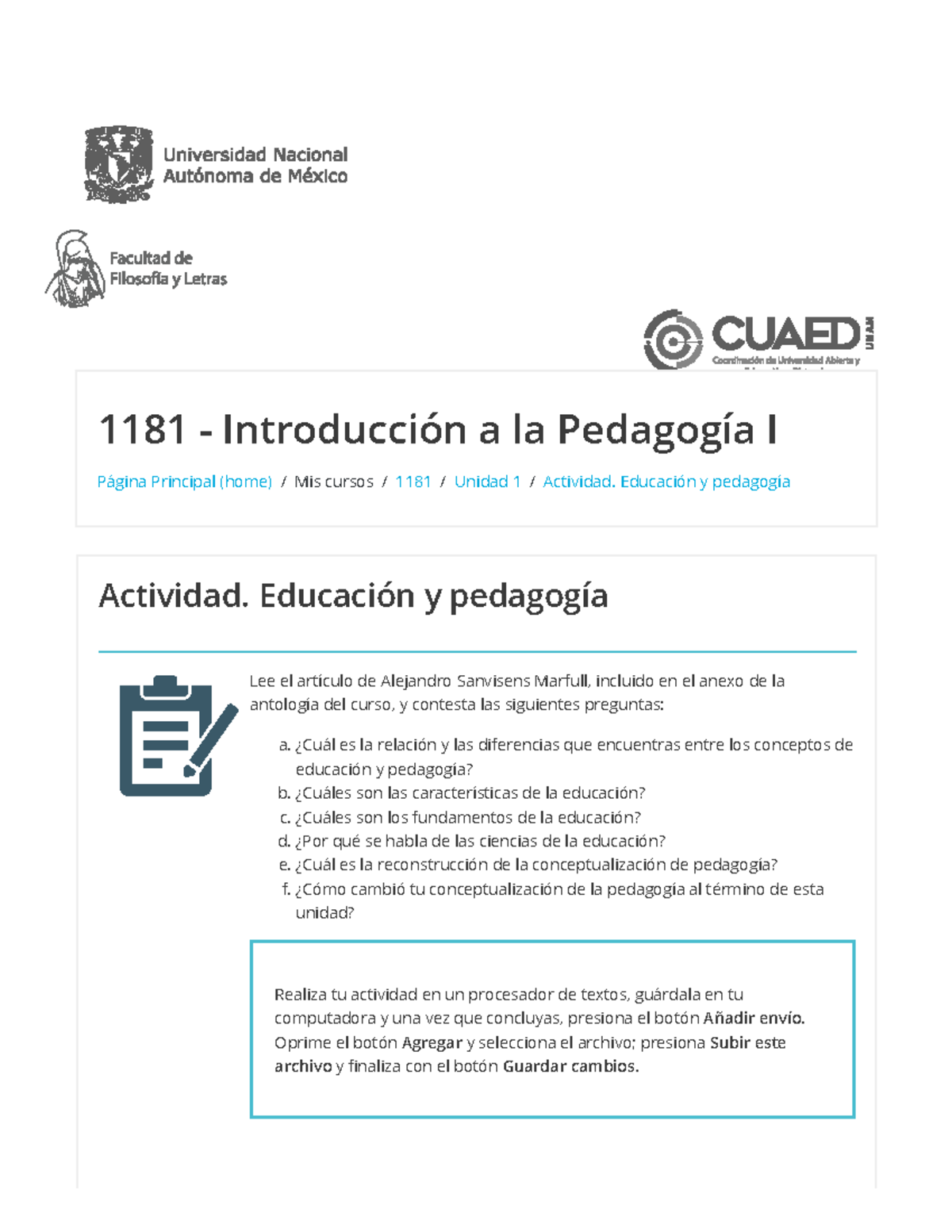 Unidad 1 Act. 1 - Actividades - Página Principal (home) / Mis cursos ...
