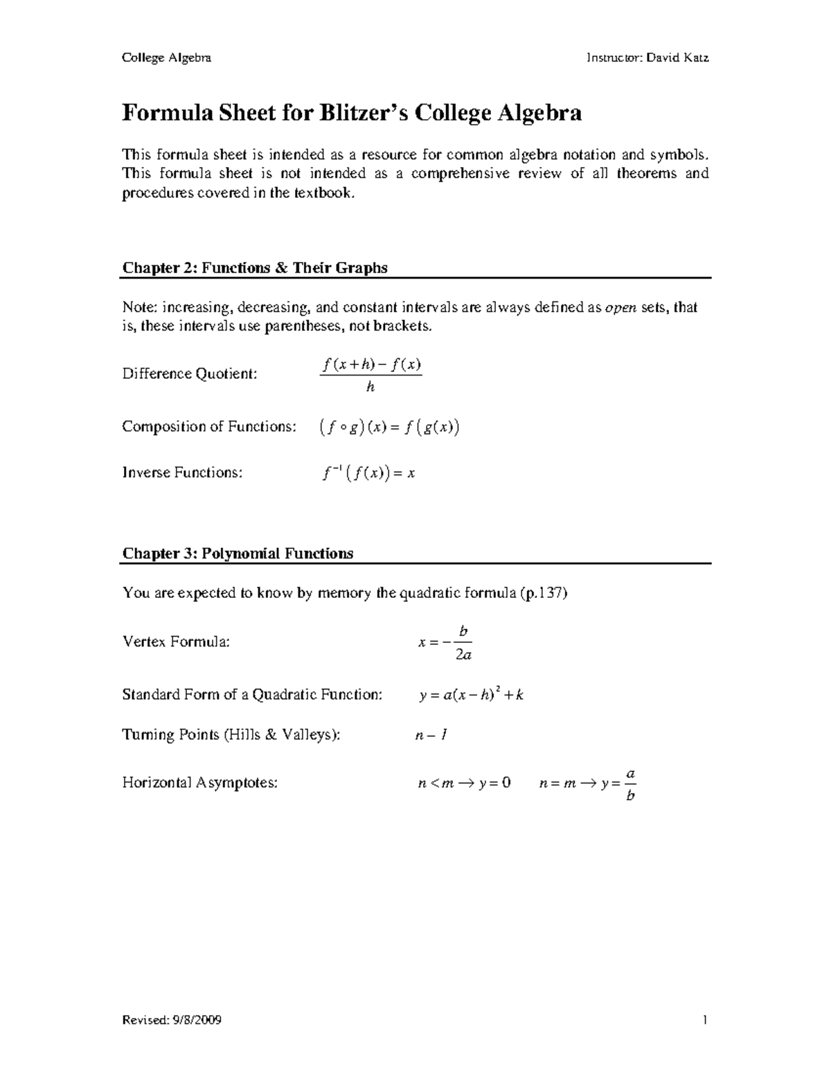 College Algebra Formula Sheet - College Algebra Instructor: David Katz ...