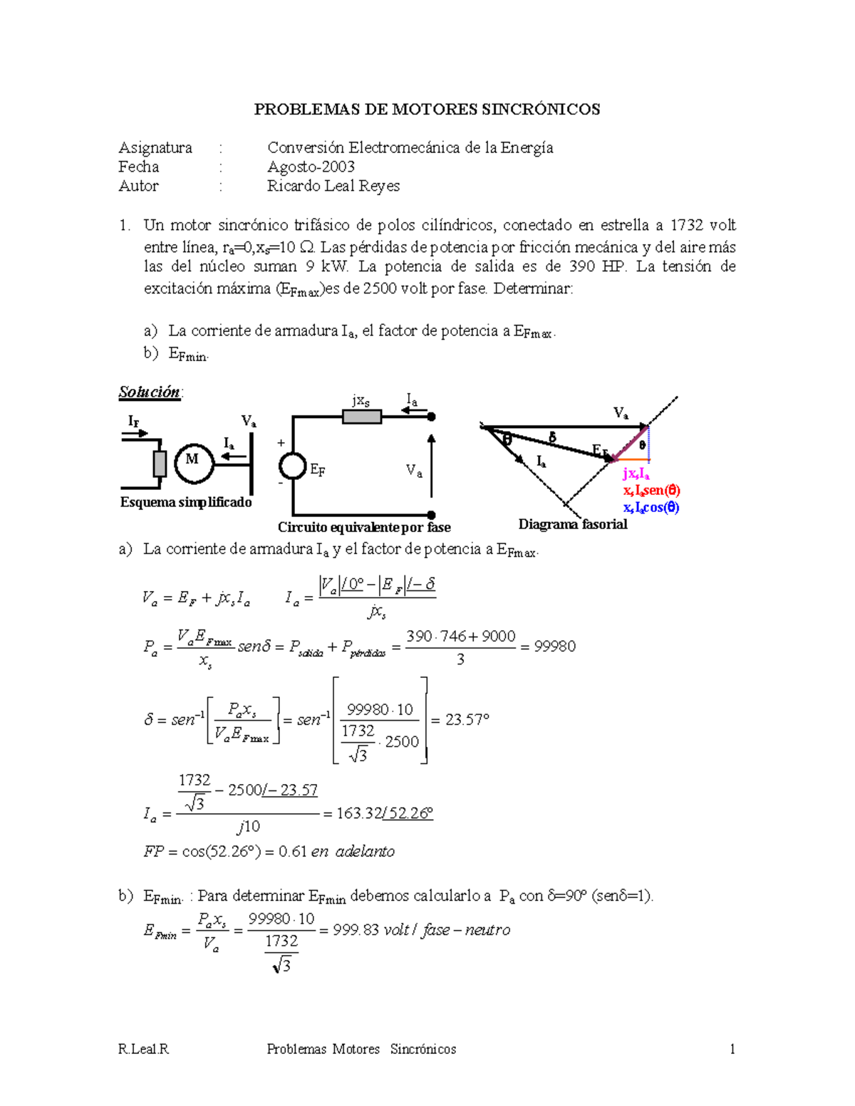 Prob mot sincron - ejercicios para estudiar - PROBLEMAS DE MOTORES SINCR”NICOS Asignatura ...