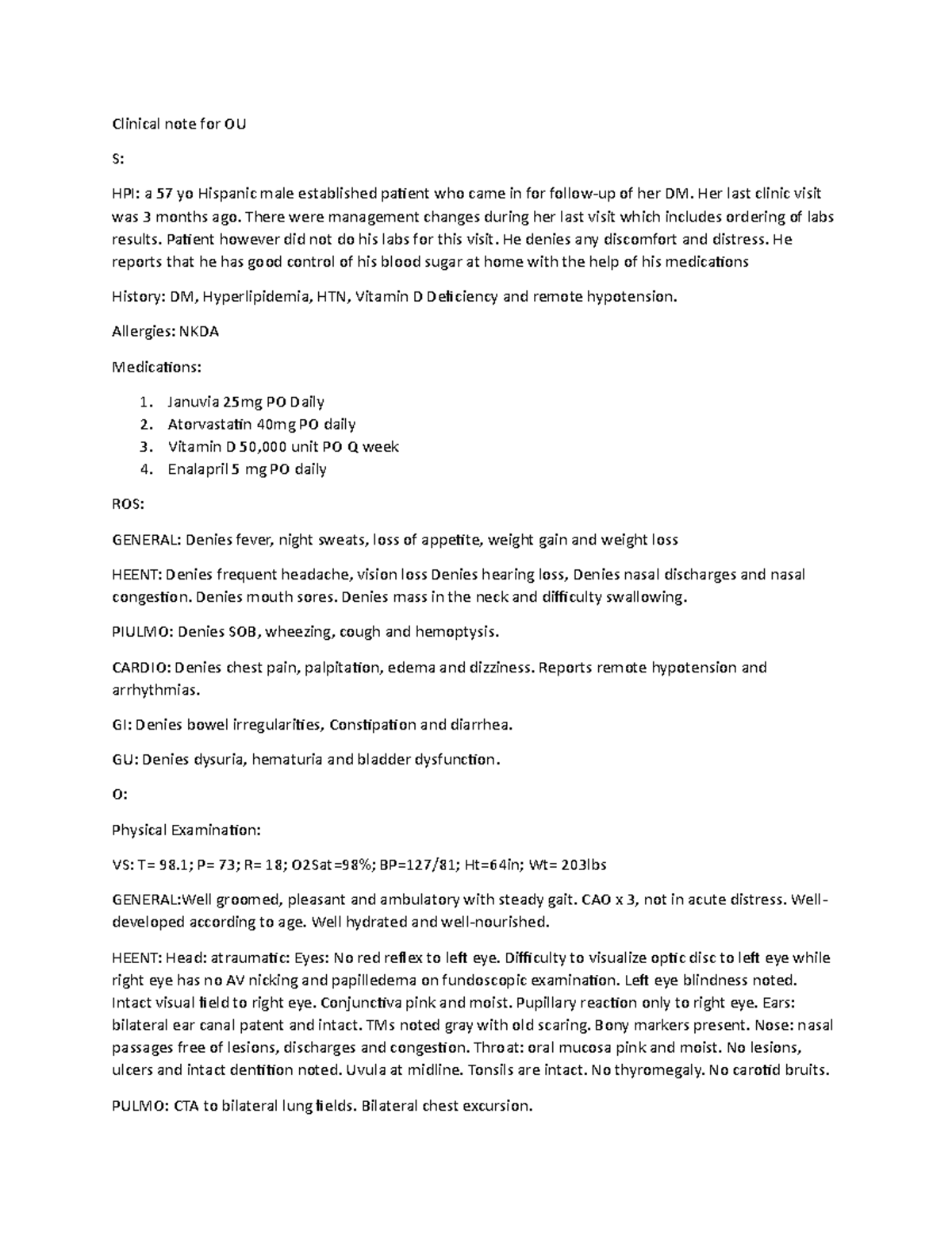 Management template example OU 57 yo male with DM - Clinical note for ...