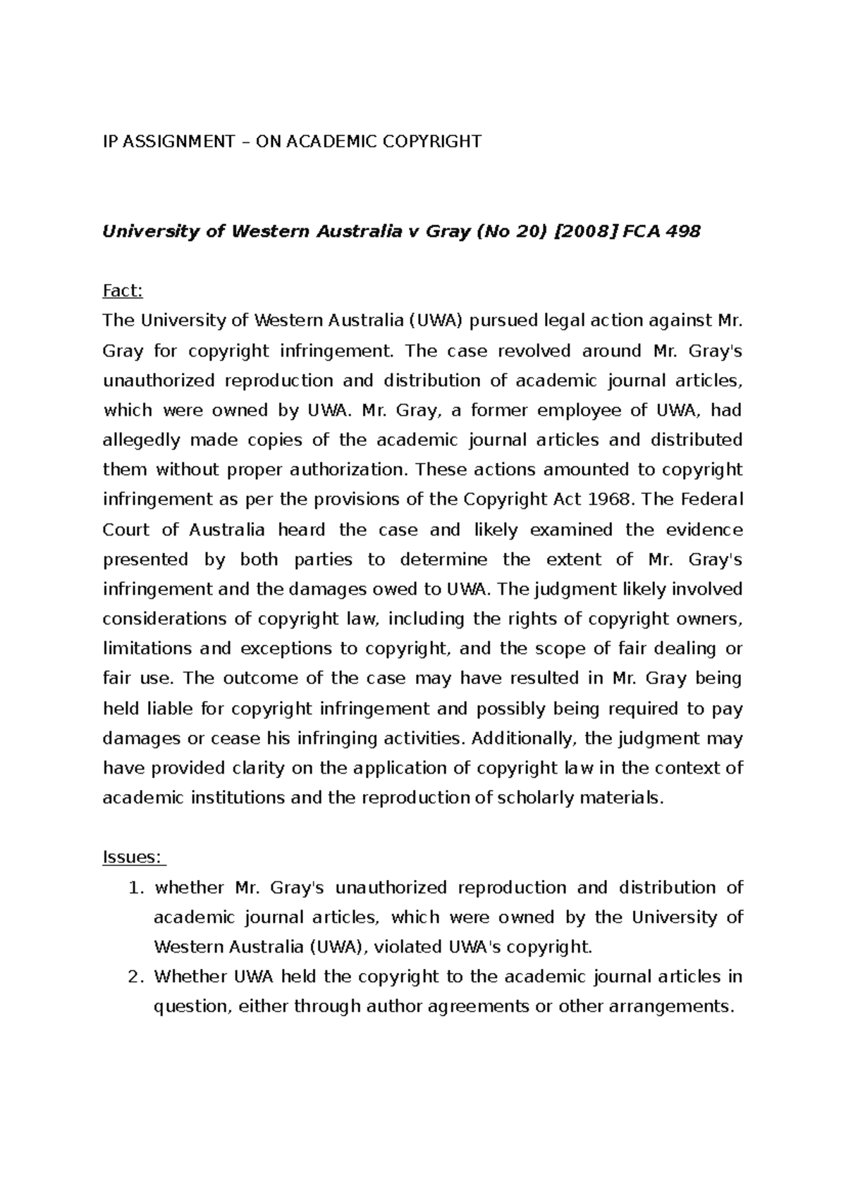 Aussie case - IP Ass 1 - IP ASSIGNMENT – ON ACADEMIC COPYRIGHT ...