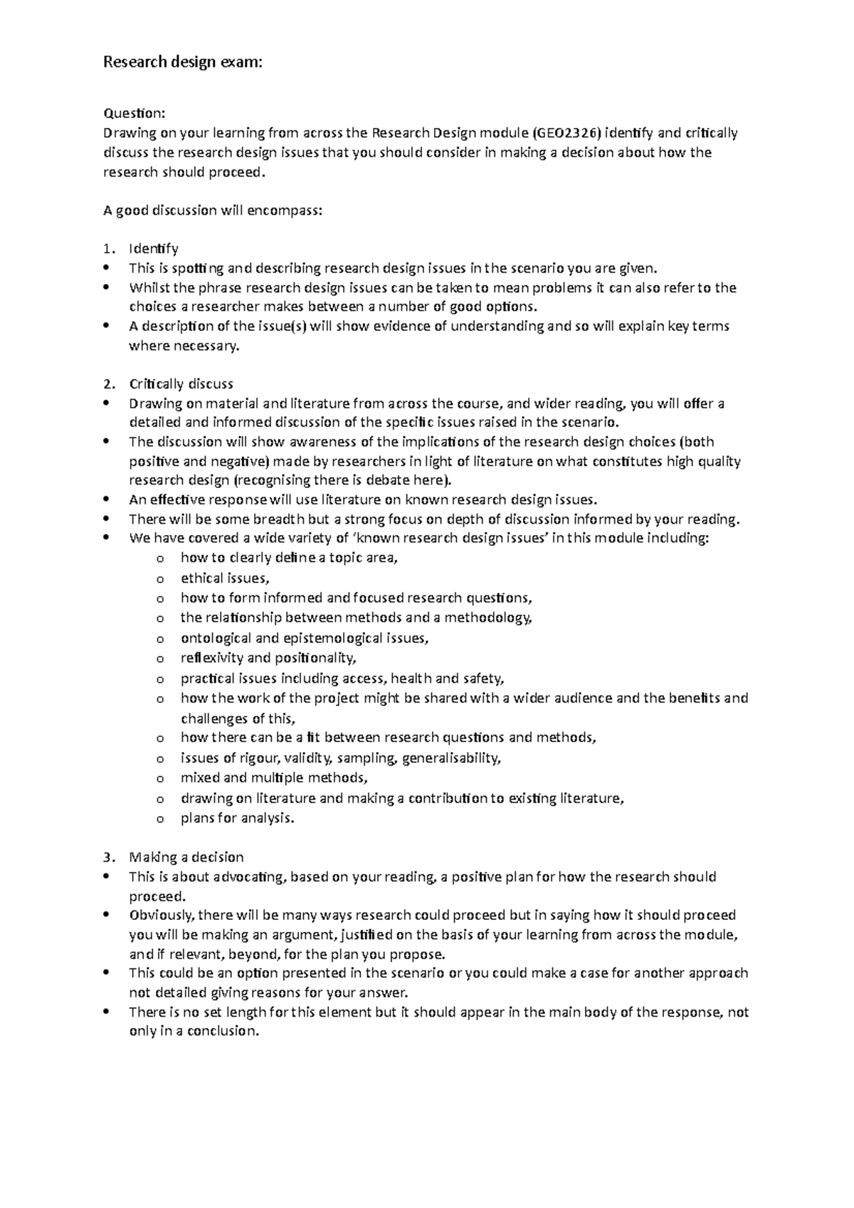 Research design exam lecture notes - Question: Drawing on your learning ...