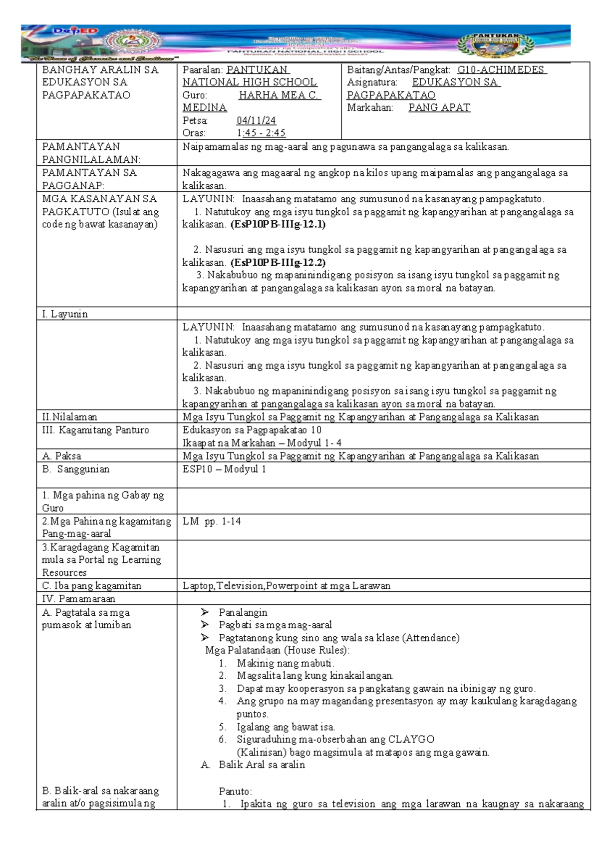 ESP10 Q4-M1 Lesson PLAN - BANGHAY ARALIN SA EDUKASYON SA PAGPAPAKATAO ...