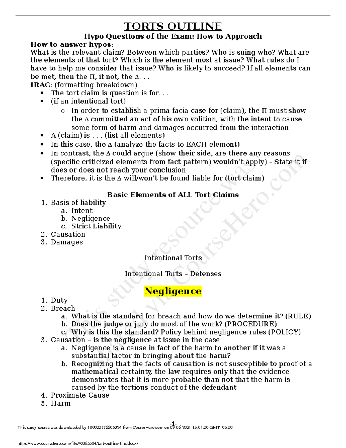 Tort outline final - TORTS OUTLINE is ar stu ed d vi y re aC s o ou urc ...