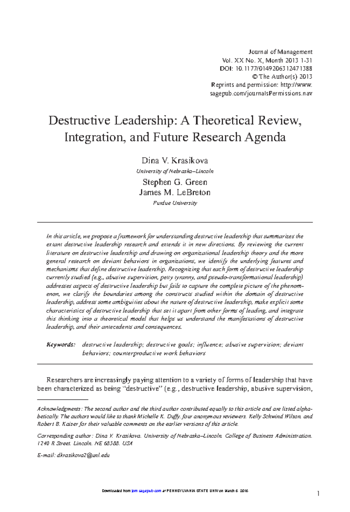 Destructive leadership - Journal of Management Vol. XX No. X, Month ...