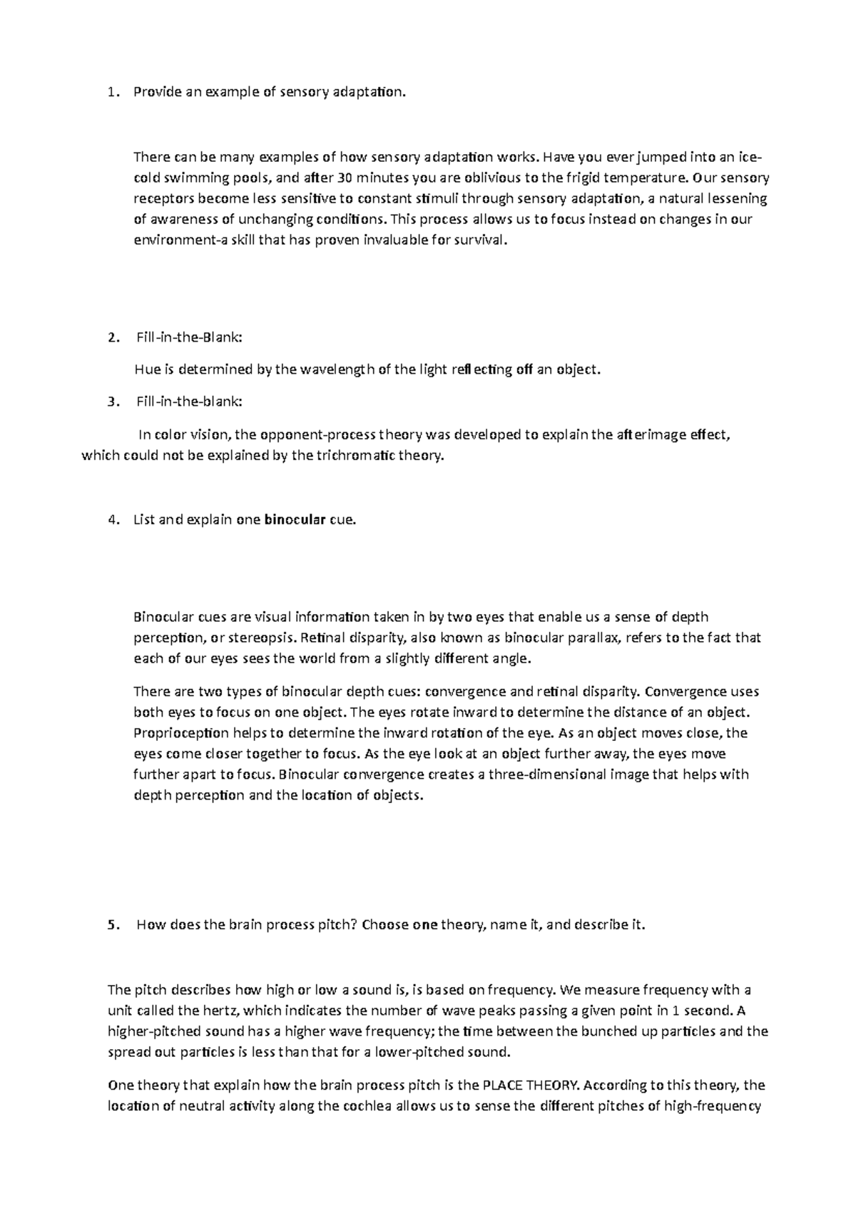 Psychology notes 3 - Provide an example of sensory adaptation. There ...
