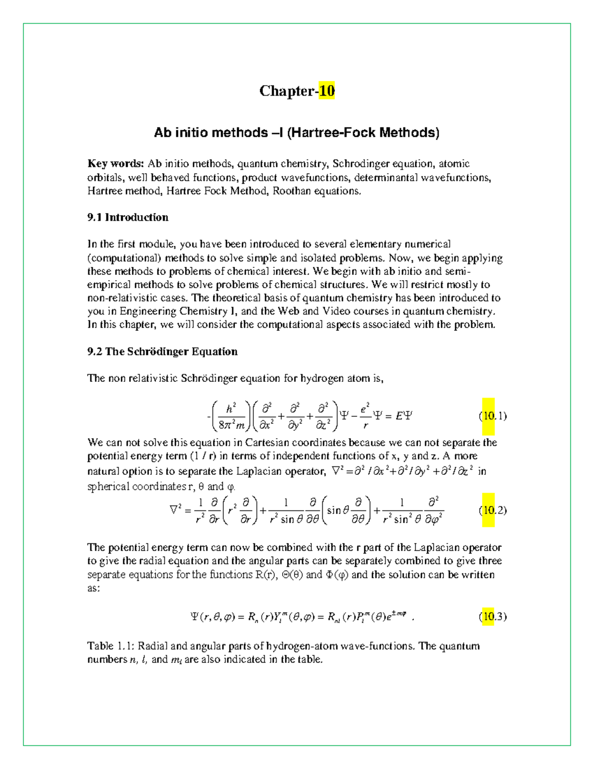 Chapter 10 - Computational Chemistry - Chapter- Ab initio methods –I (Hartree-Fock Methods) Key ...