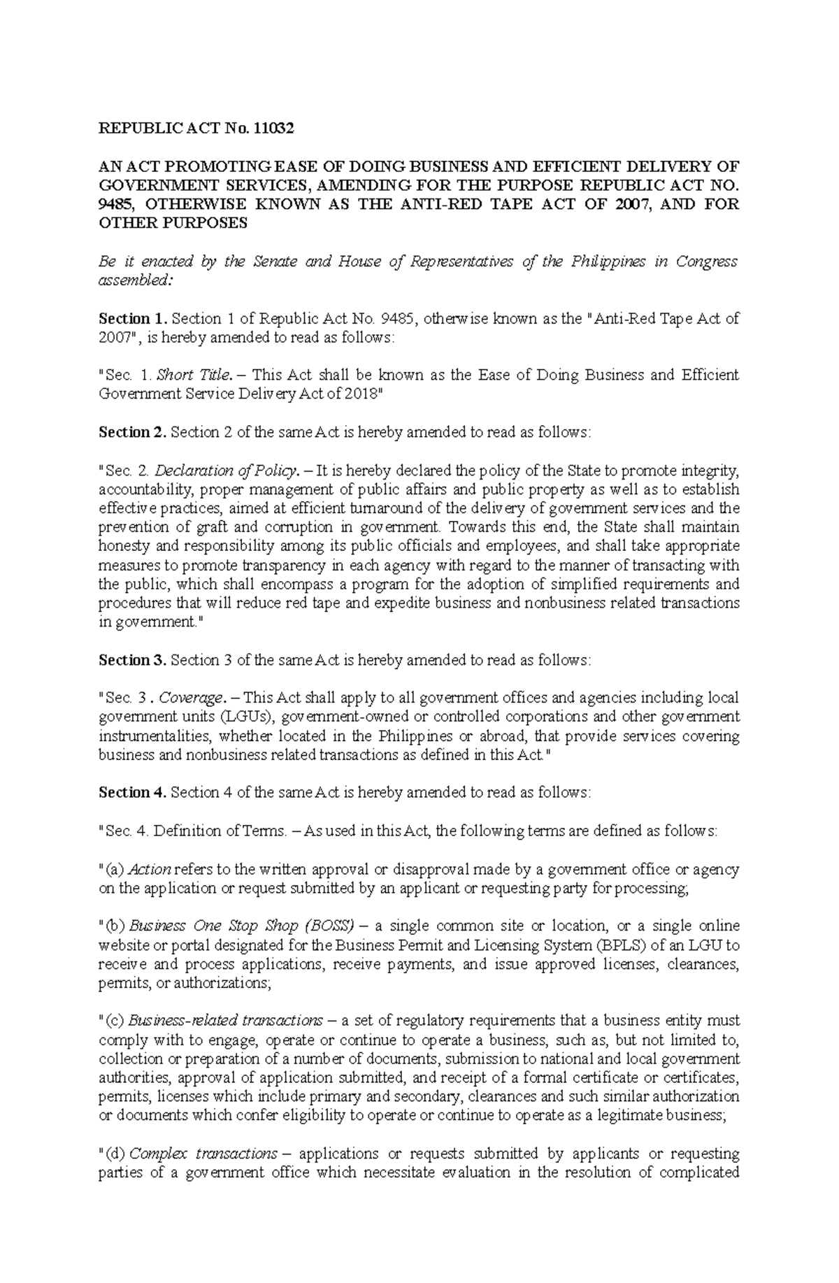 EODB - Ease of doing business act - REPUBLIC ACT No. 11032 AN ACT ...