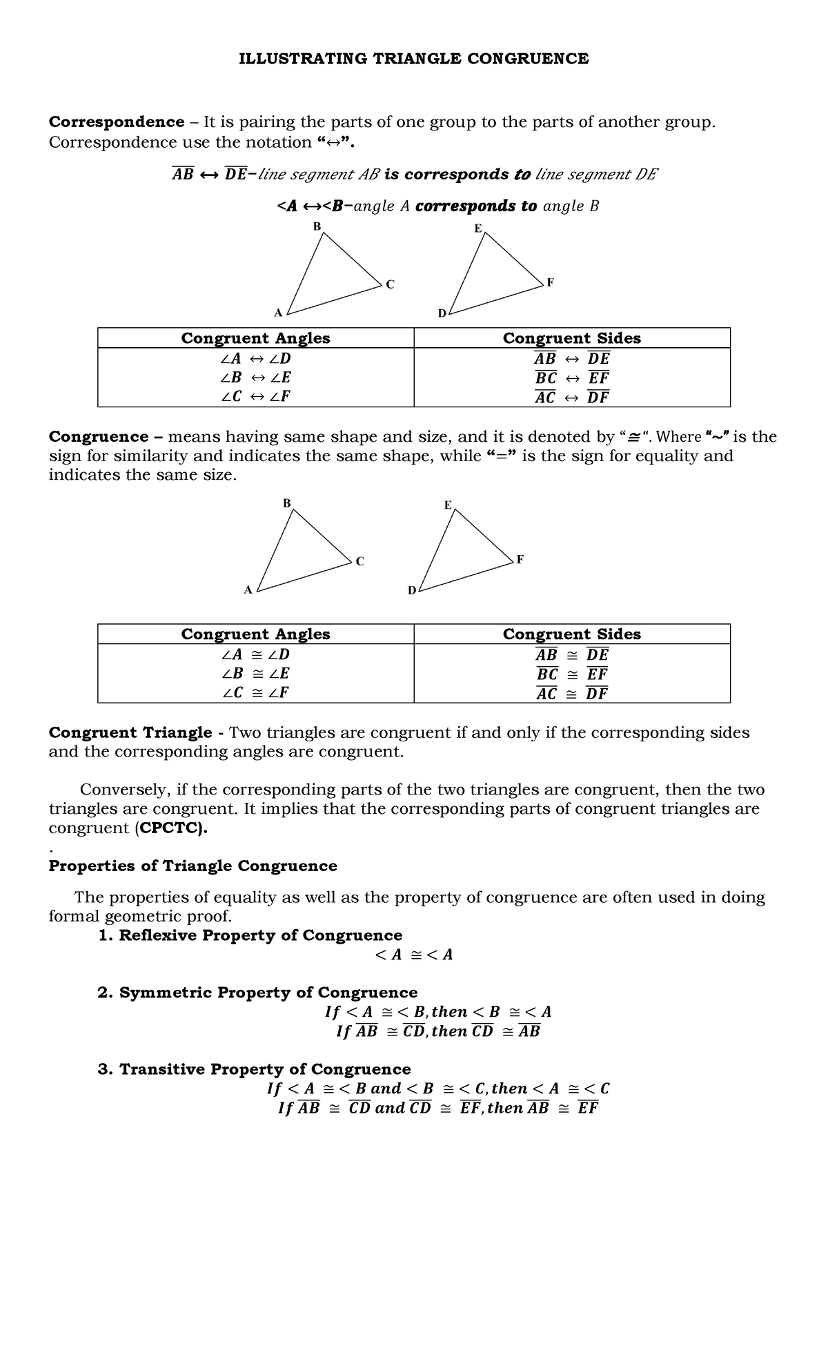 Illustrating Triangle Congruence - ILLUSTRATING TRIANGLE CONGRUENCE ...