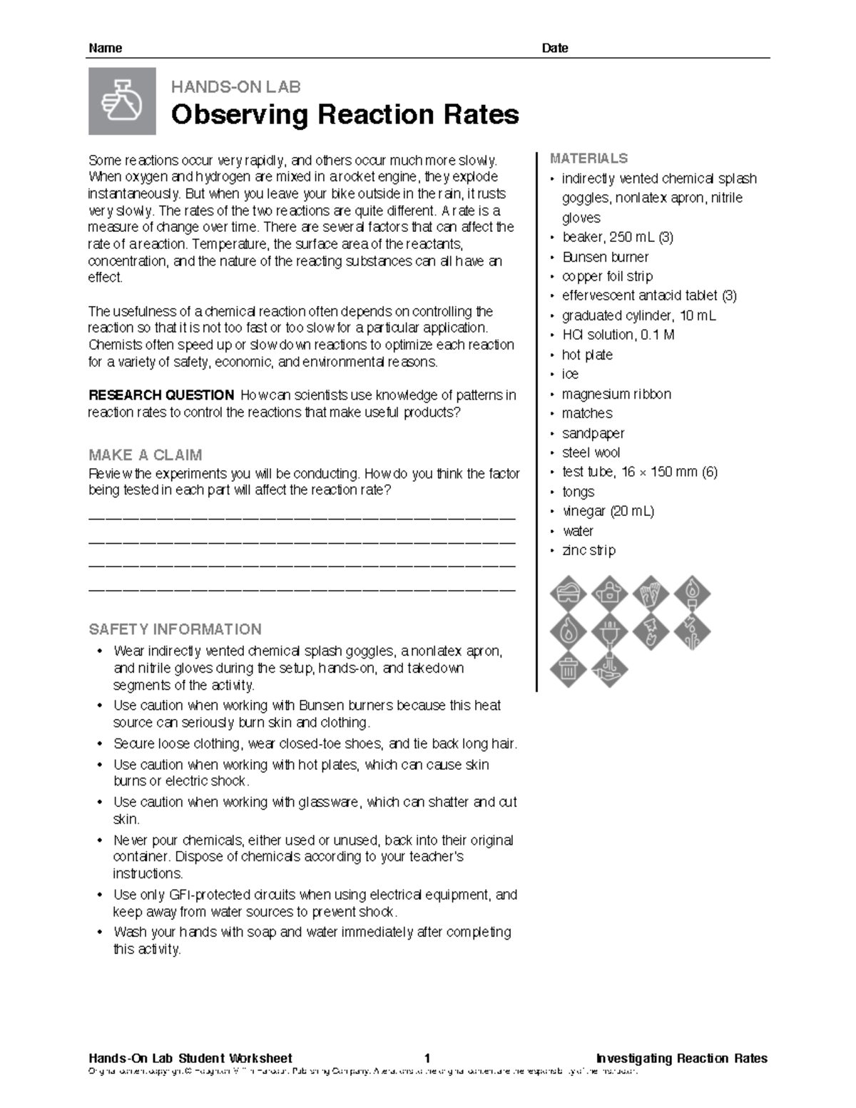2-Observing Reaction Rates+ - Name Date Hands-On Lab Student Worksheet ...