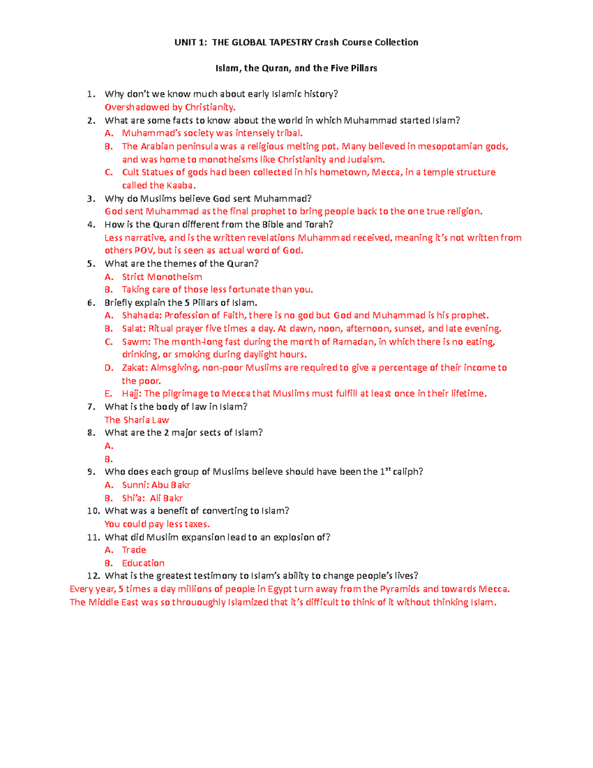 UNIT 1 Crash Course Collection - UNIT 1: THE GLOBAL TAPESTRY Crash ...