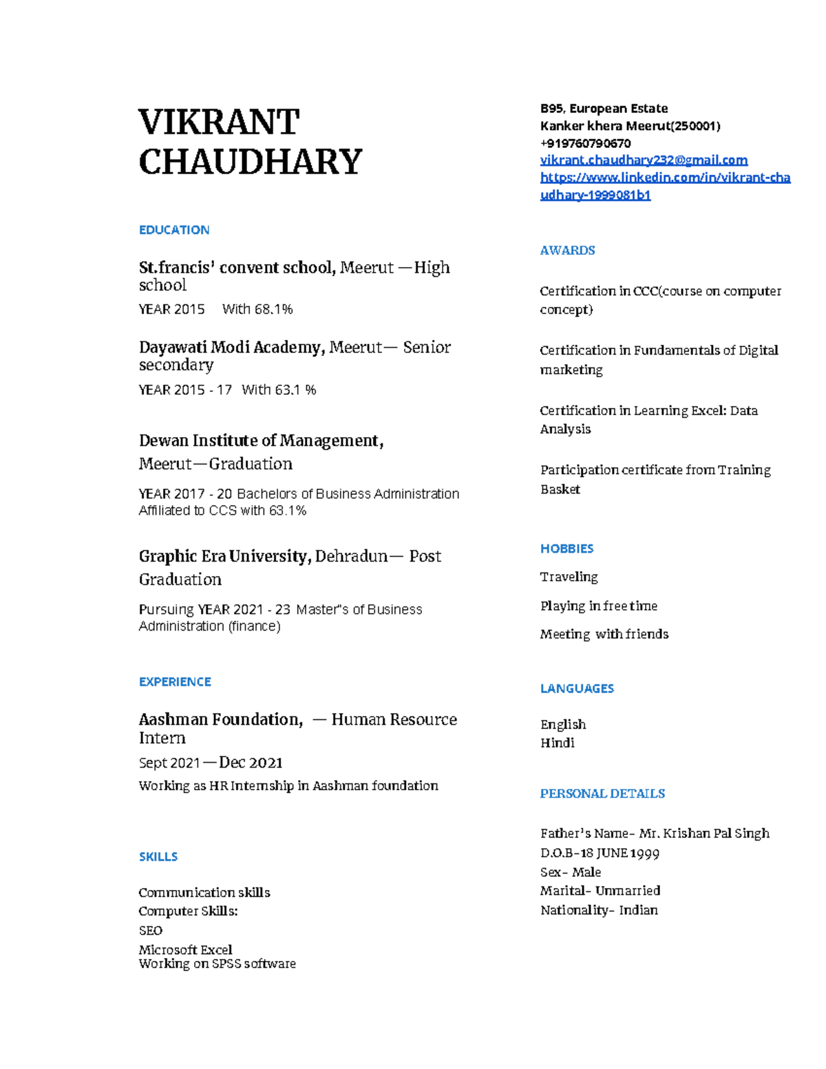 Resume - njb - VIKRANT CHAUDHARY EDUCATION St’ convent school, Meerut ...