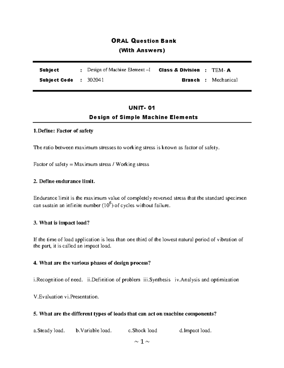 DME-I ORAL All Units Question Bank - ORAL Question Bank (With Answers ...