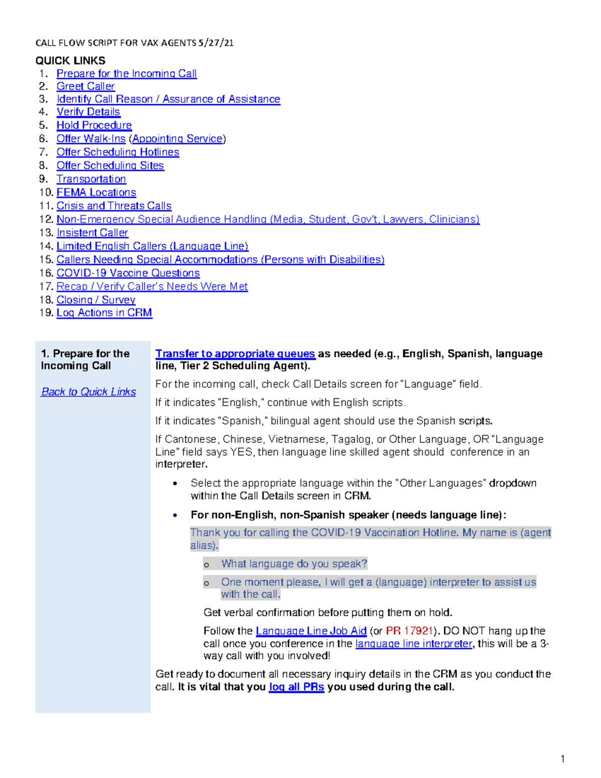 Vax Agent Call Flow Scripts sobre el derecho - QUICK LINKS Prepare for ...
