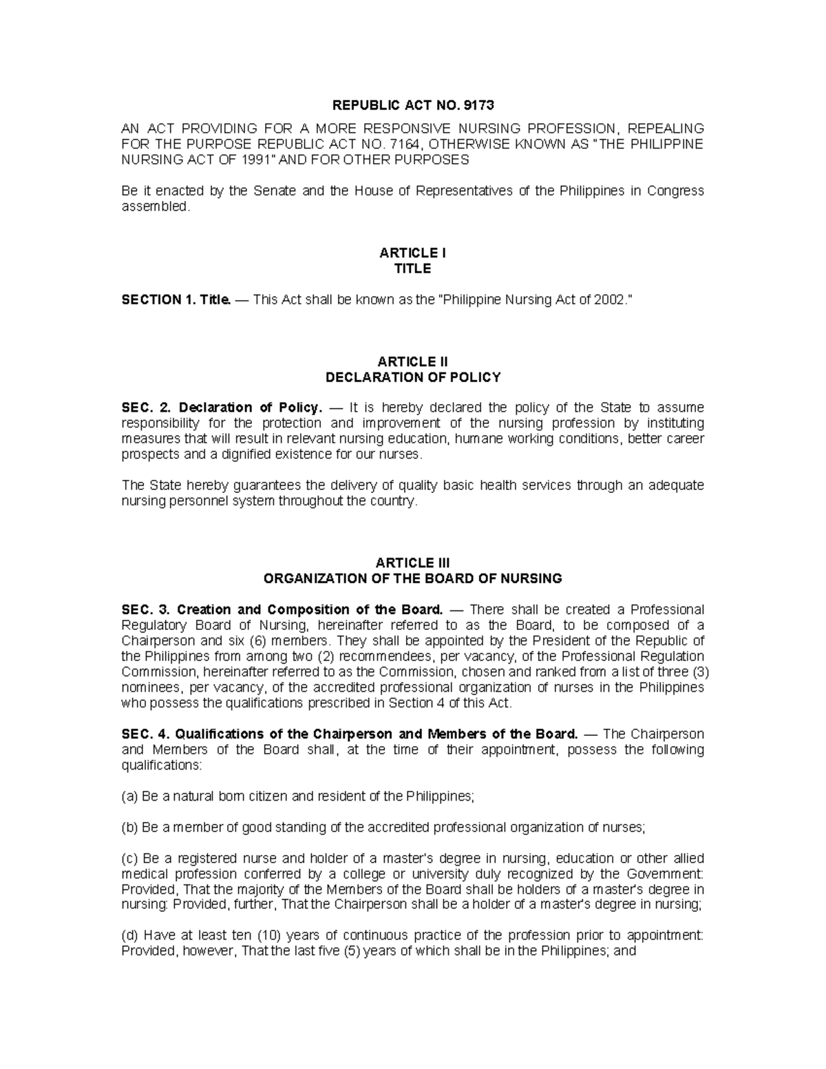 Bioethics-RA-9173 - Bioethics lecture - REPUBLIC ACT NO. 9173 AN ACT ...