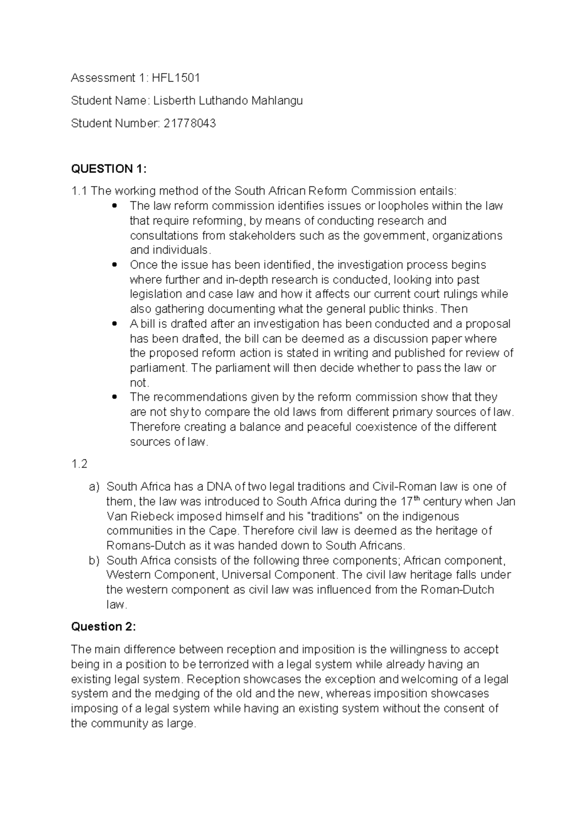 Assessment 1 HFL1501 - Assessment 1: HFL Student Name: Lisberth ...