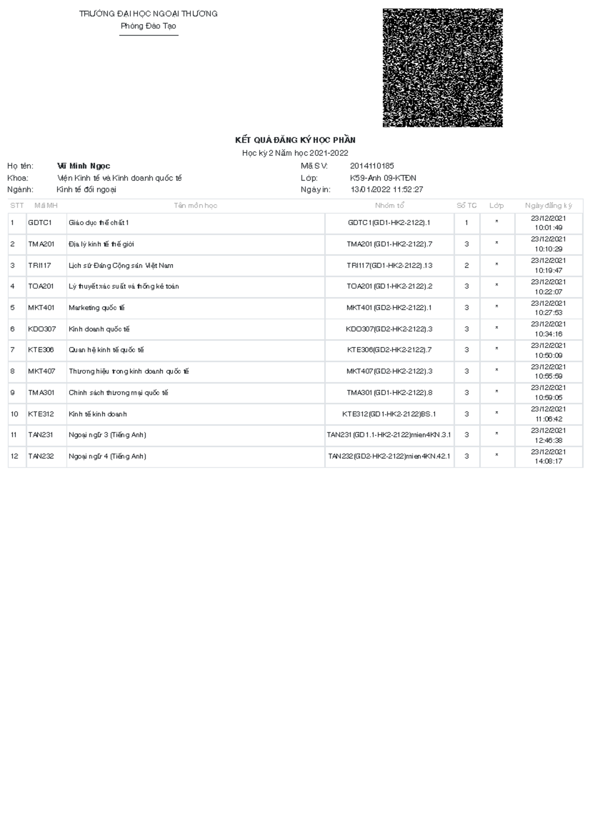 Hệ thống quản lý giảng dạy và học tập - KẾT QUẢ ĐĂNG KÝ HỌC PHẦN Học kỳ ...
