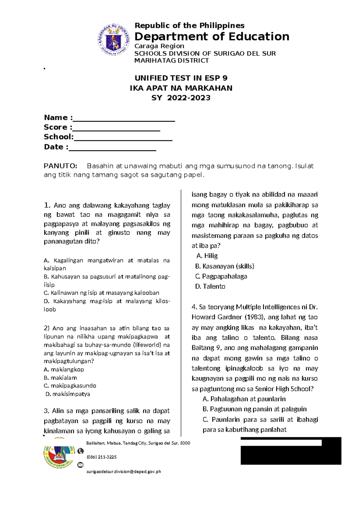 ESP 4th quarter test - Periodical Test - Second Quarter Standardized ...