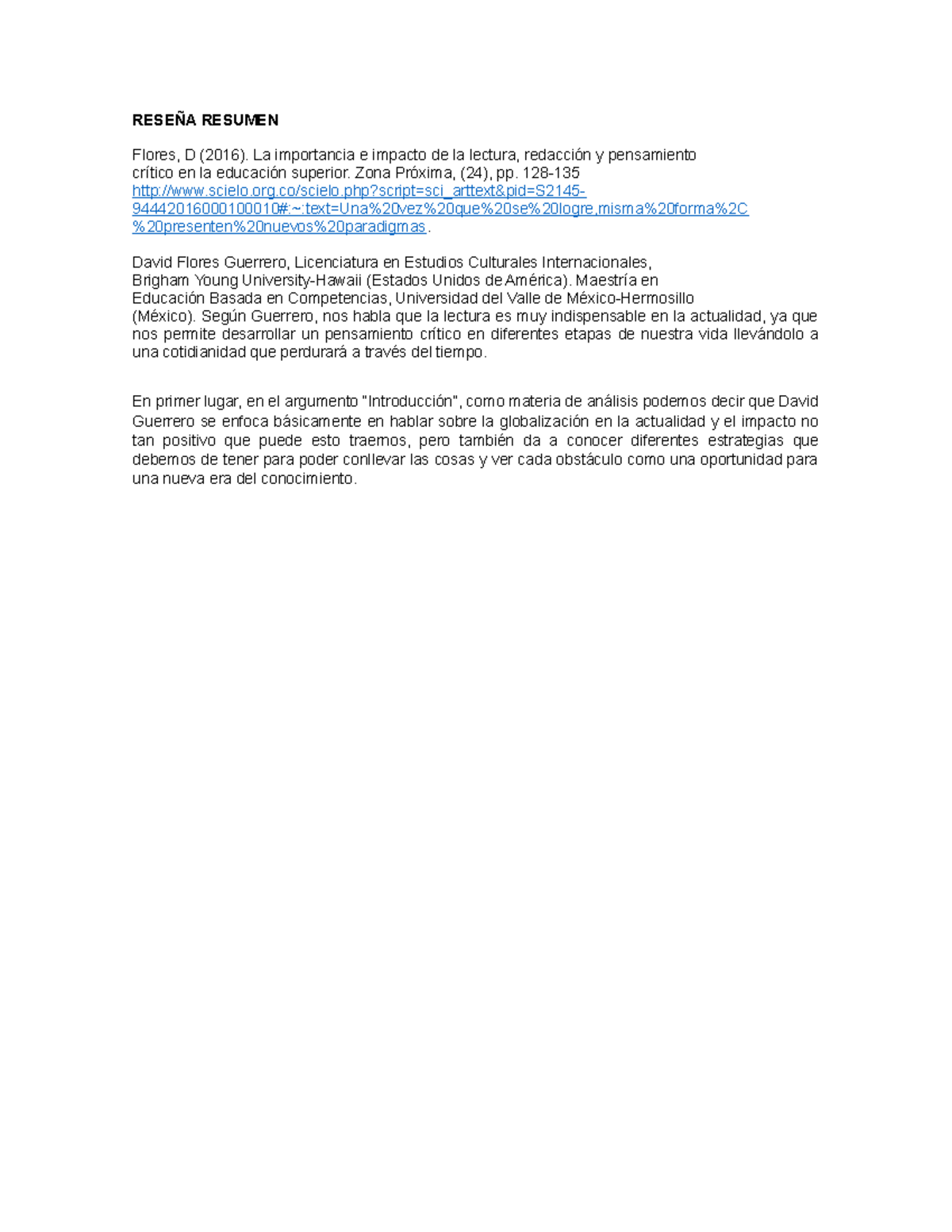 Reseña Resumen La importancia e impacto de la lectura - RESEÑA RESUMEN ...