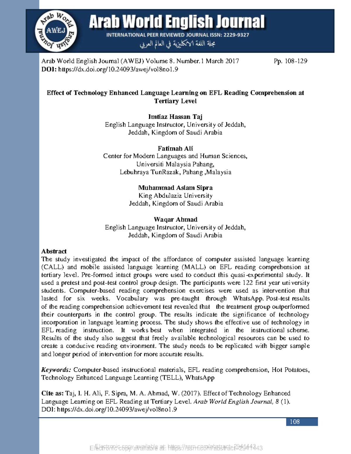 SSRN-id2941443 - note - 108 Arab World English Journal (AWEJ) Volume 8 ...