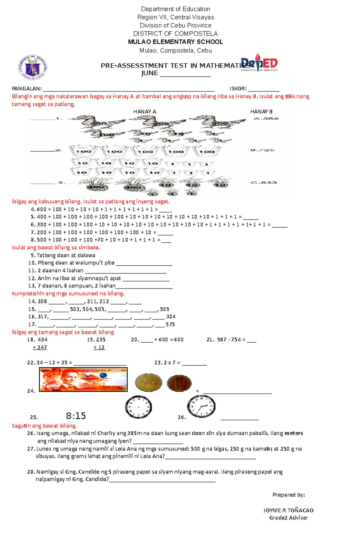 PRE-TEST Mathematics 2 - Department of Education Region VII, Central ...