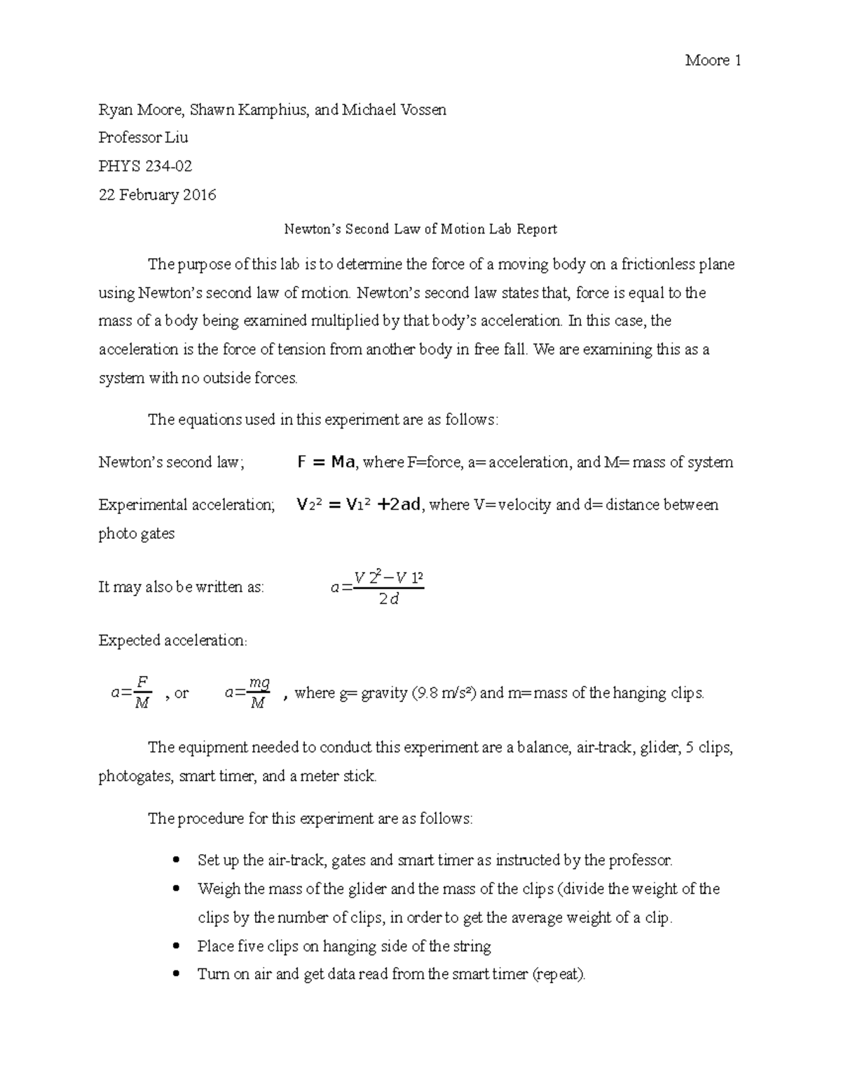 PHYS 234 Lab Report 4 Newton's Second Law - Ryan Moore, Shawn Kamphius ...