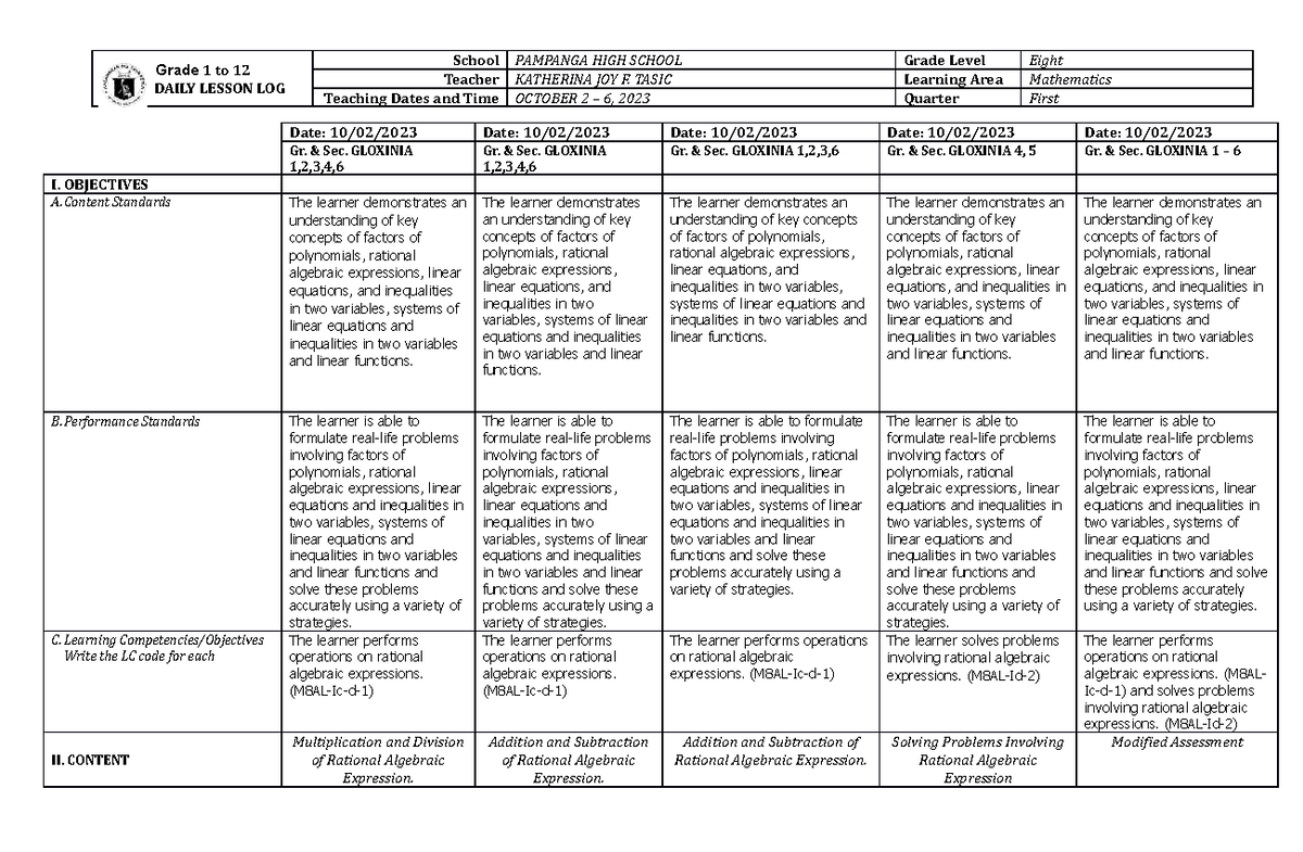 DLL-Q1-W5 - DLL for 1st QT - Grade 1 to 12 DAILY LESSON LOG School ...