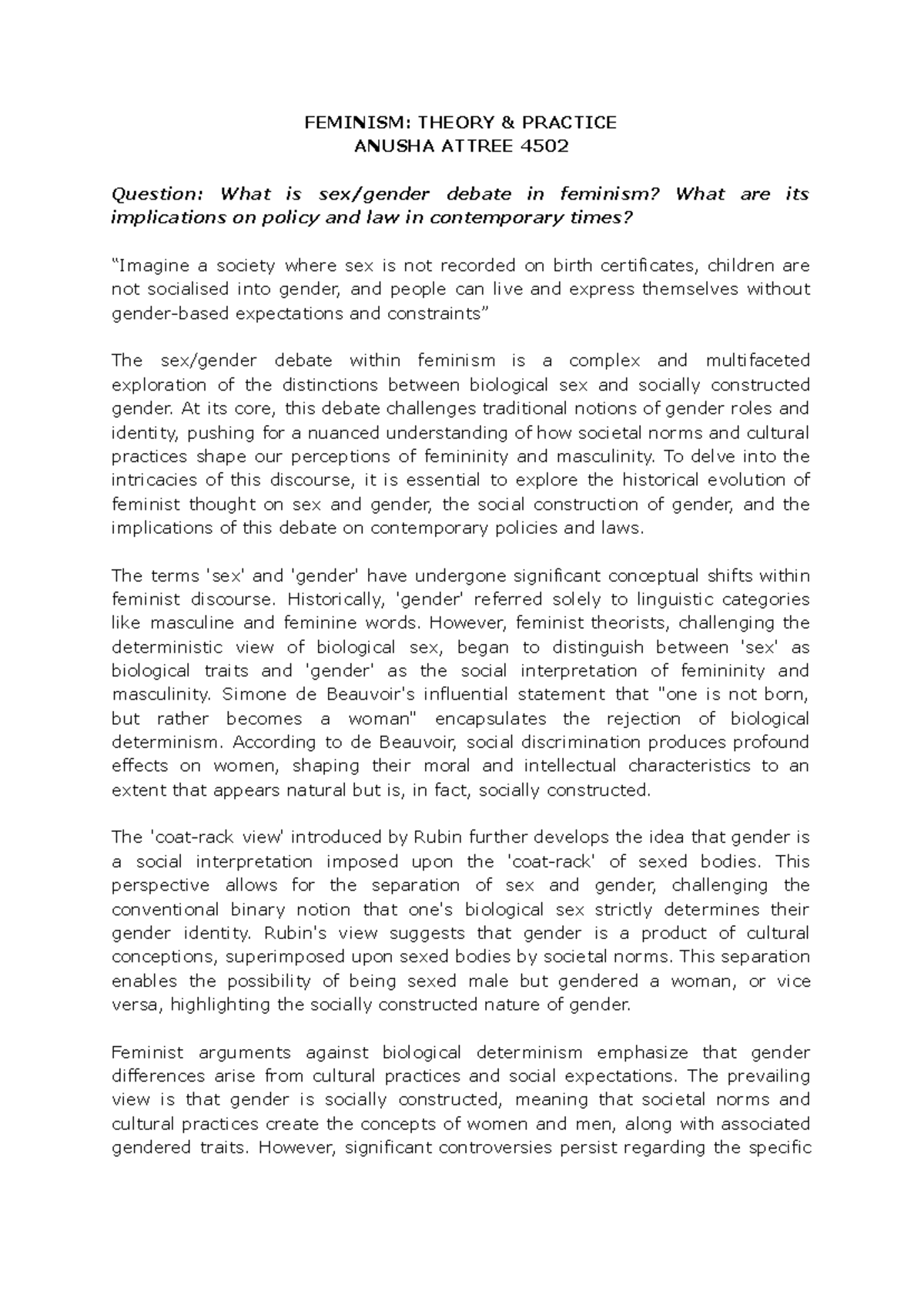 Assignment 1 - FEMINISM: THEORY & PRACTICE ANUSHA ATTREE 4502 Question ...