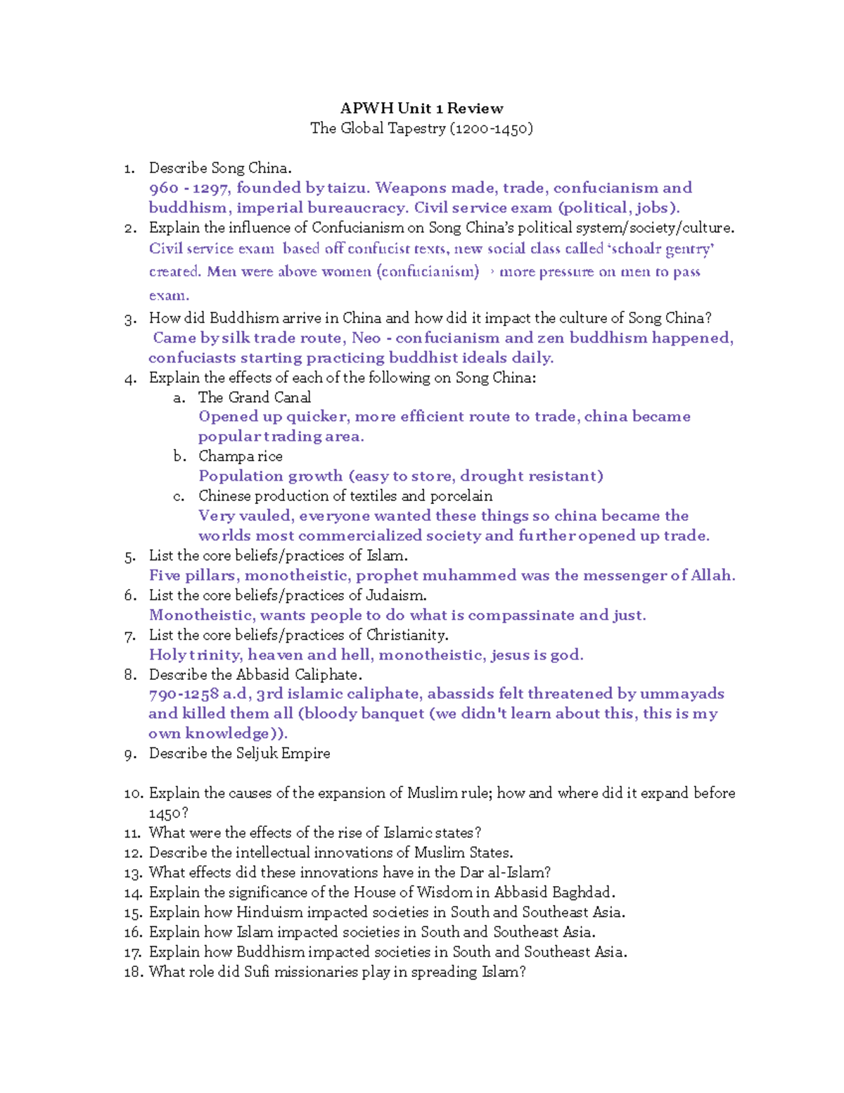 mr wallace’s assignment - APWH Unit 1 Review The Global Tapestry (1200 ...