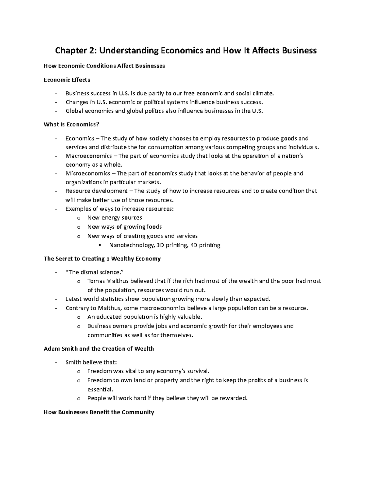 BUS 100 - Chapter 2 Notes - Chapter 2: Understanding Economics and How ...