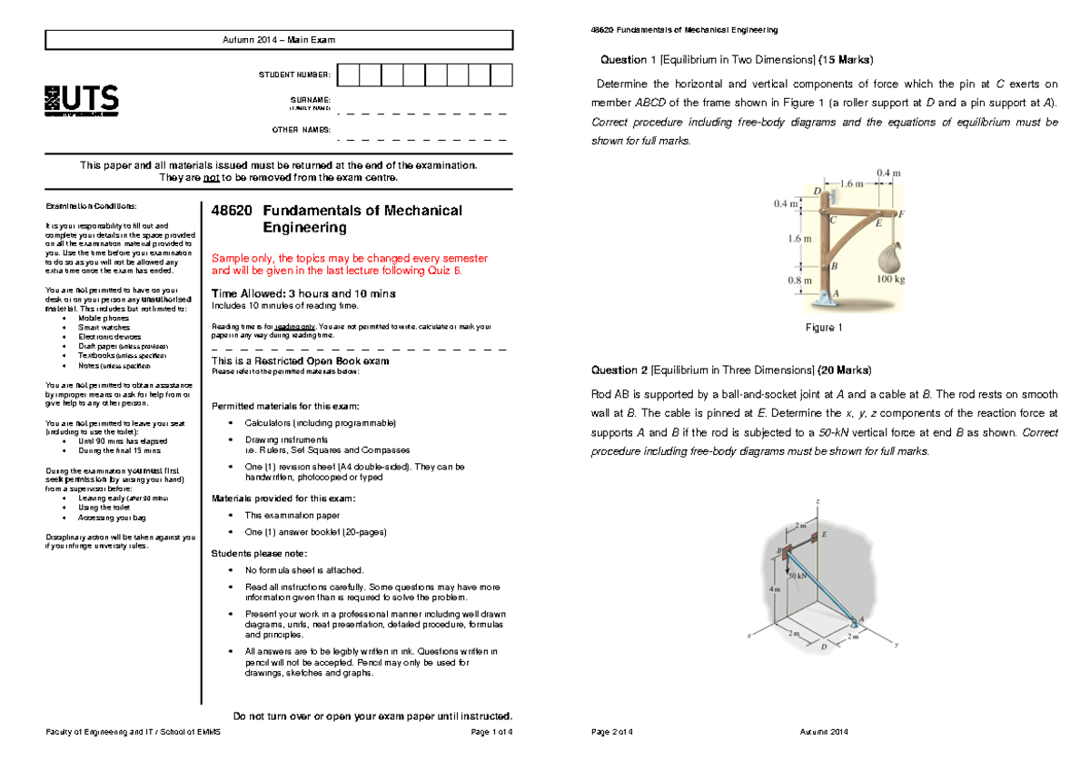 Exam 17 November 2014, questions - 48620 Fundamentals of Mechanical ...