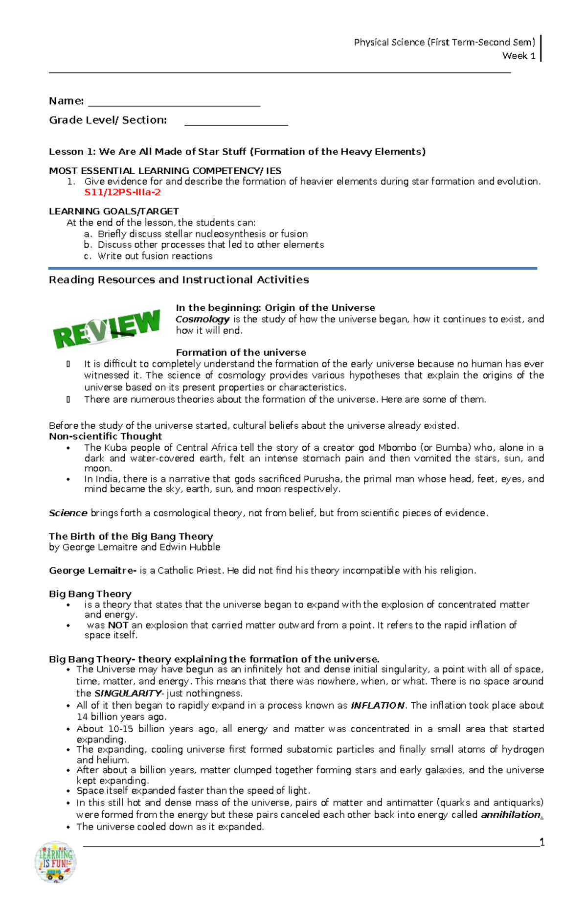 Formation of the Heavy Elements Module - Week 1 Name