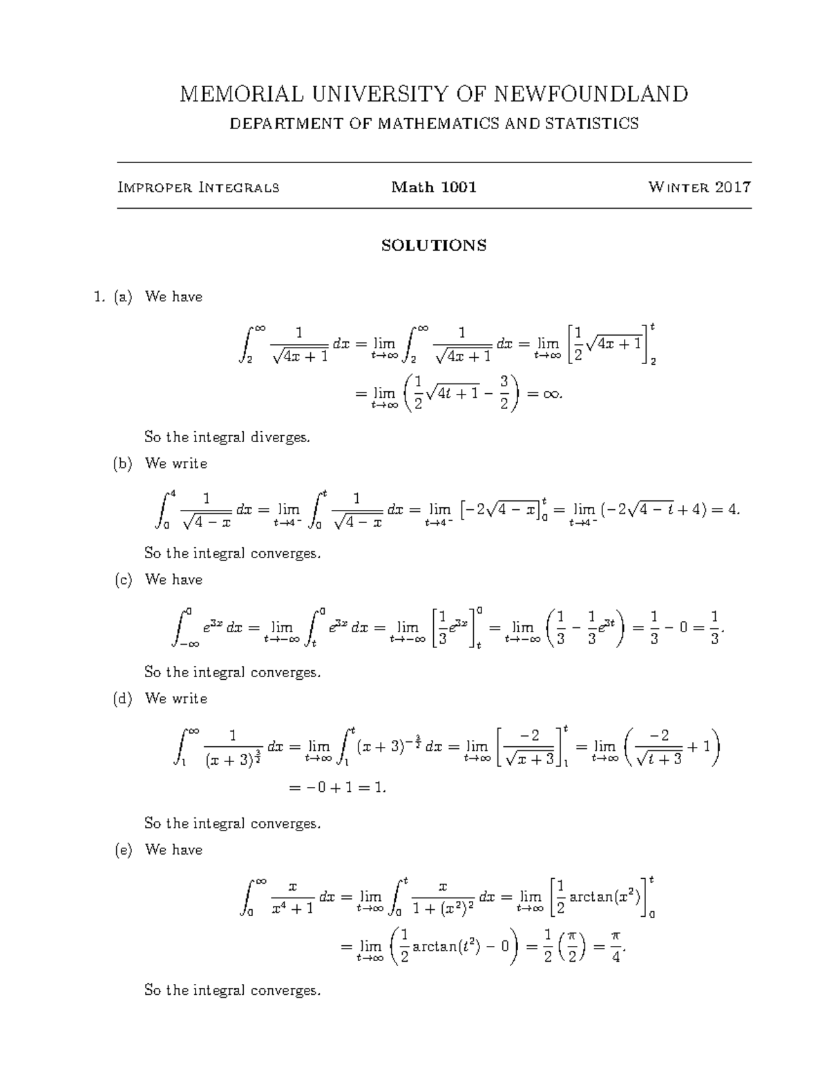 Solutions - Worksheet on Improper Integrals - MEMORIAL UNIVERSITY OF ...