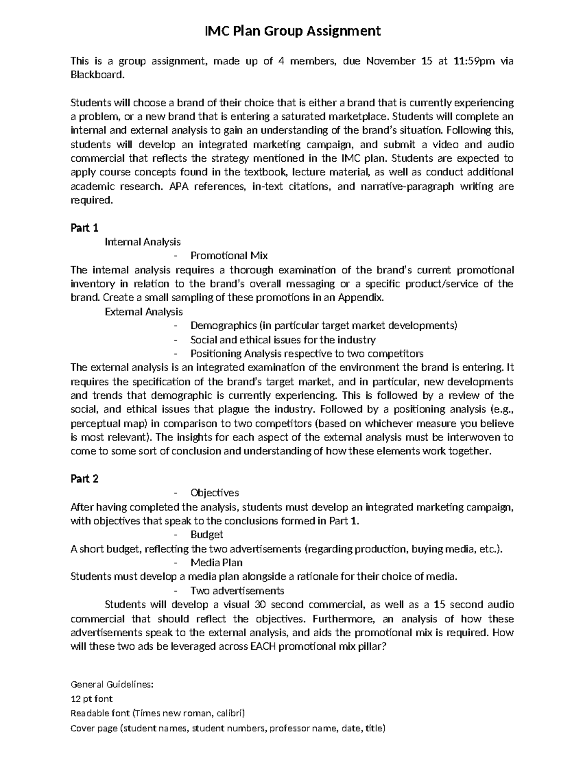 IMC Plan Group Assignment - Students will choose a brand of their ...