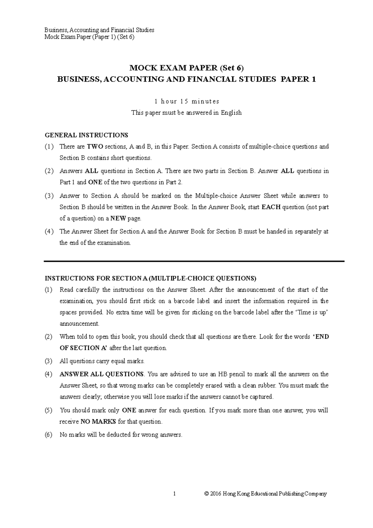 BAFS Mock paper 1 set 6 eng - Mock Exam Paper (Paper 1) (Set 6) MOCK ...