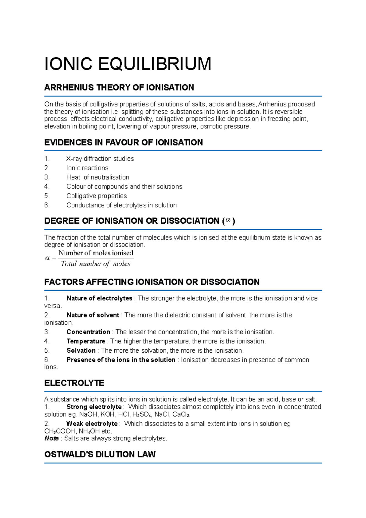 Ionic eq - asdff - IONIC EQUILIBRIUM ARRHENIUS THEORY OF IONISATION On the basis of colligative ...