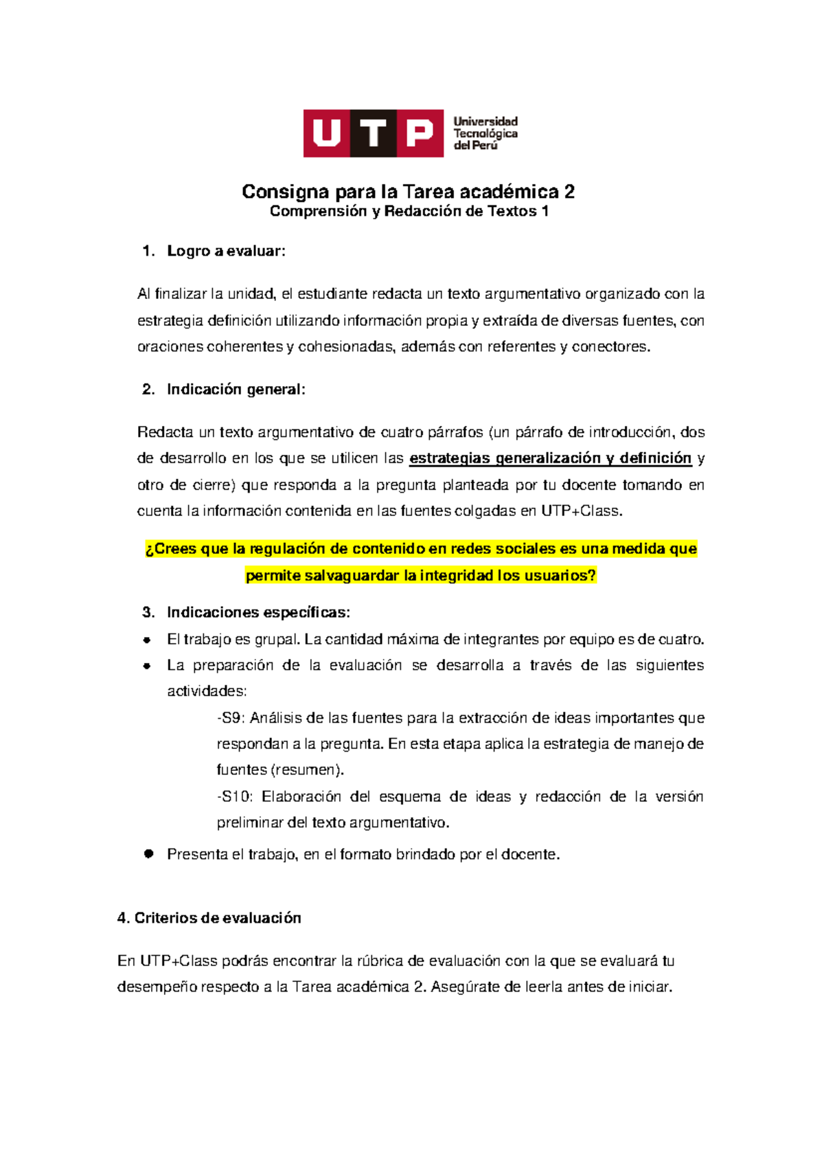 Tarea académica 2 - Consigna para la Tarea académica 2 Comprensión y Redacción de Textos 1 1 ...