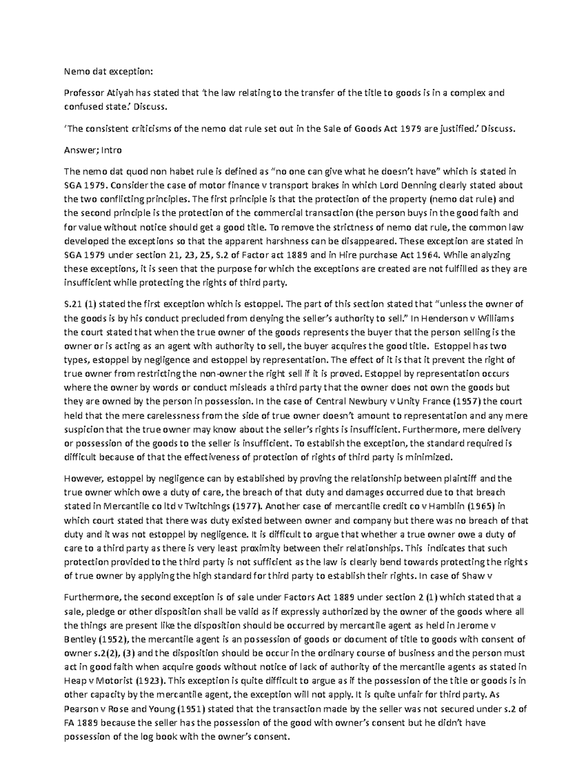 Essay for Commerical - Bers - Nemo dat exception: Professor Atiyah has ...