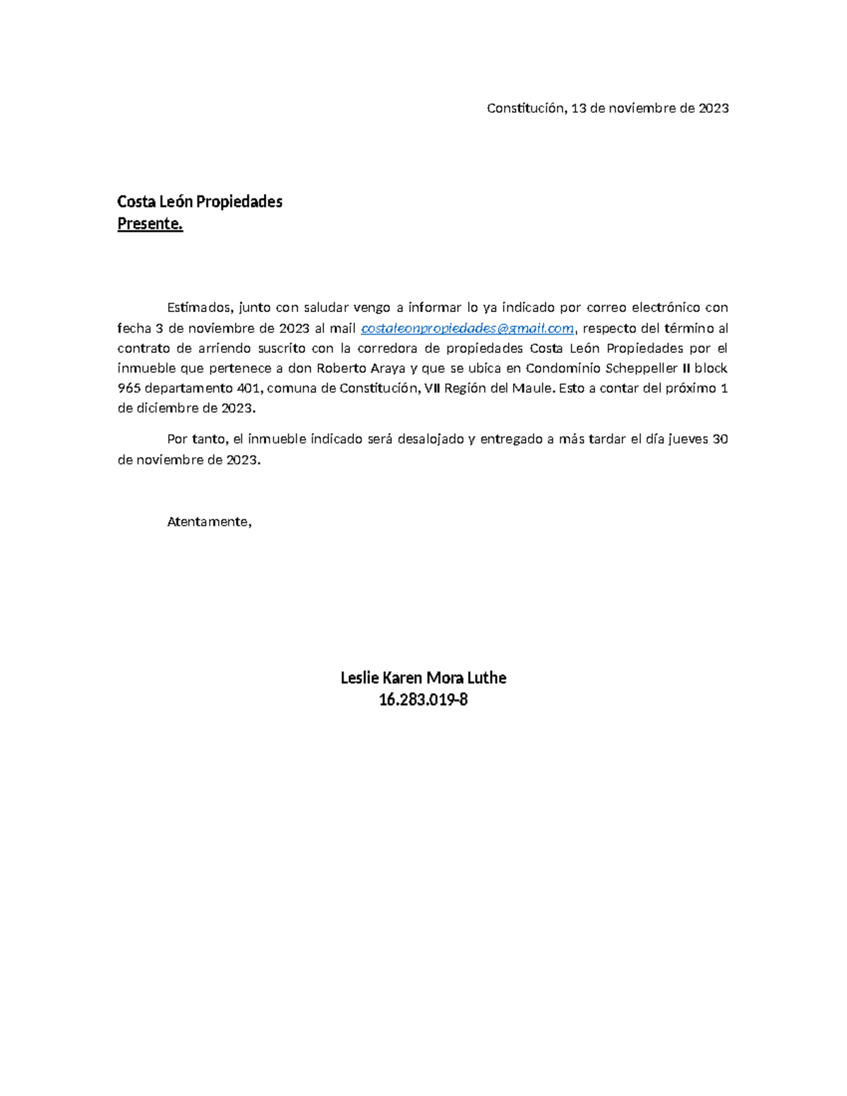 Carta - hjhb hbj - Constitución, 13 de noviembre de 2023 Costa León ...