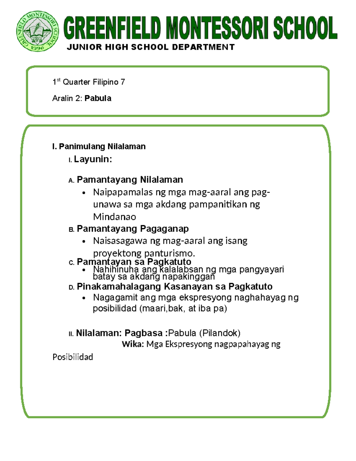 Lesson 2 Filipino 7 - 1 st Quarter Filipino 7 Aralin 2: Pabula I ...