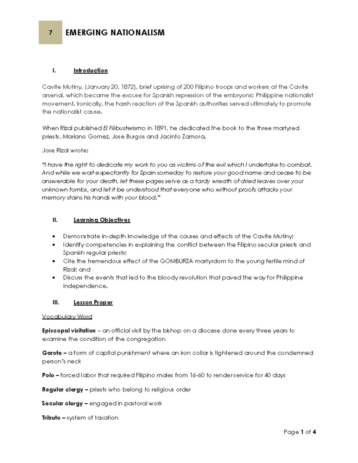 Module-7-Emerging-Nationalism - I. Introduction Cavite Mutiny, (January ...