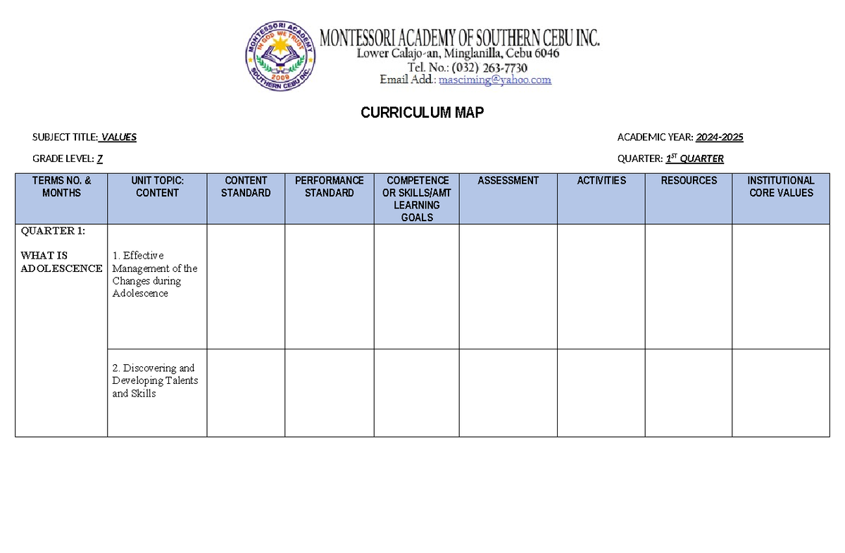 Curriculum MAP Values 7 - CURRICULUM MAP SUBJECT TITLE: VALUES ACADEMIC ...