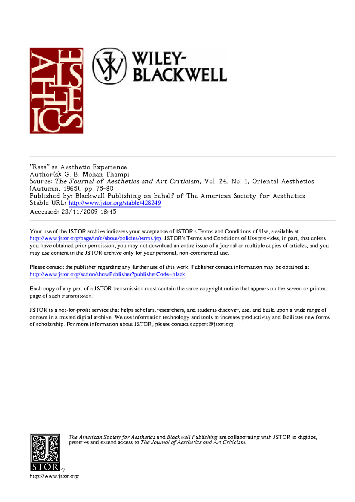 "Rasa" as Aesthetic Experience Author(s): G. B. Mohan Thampi Source ...