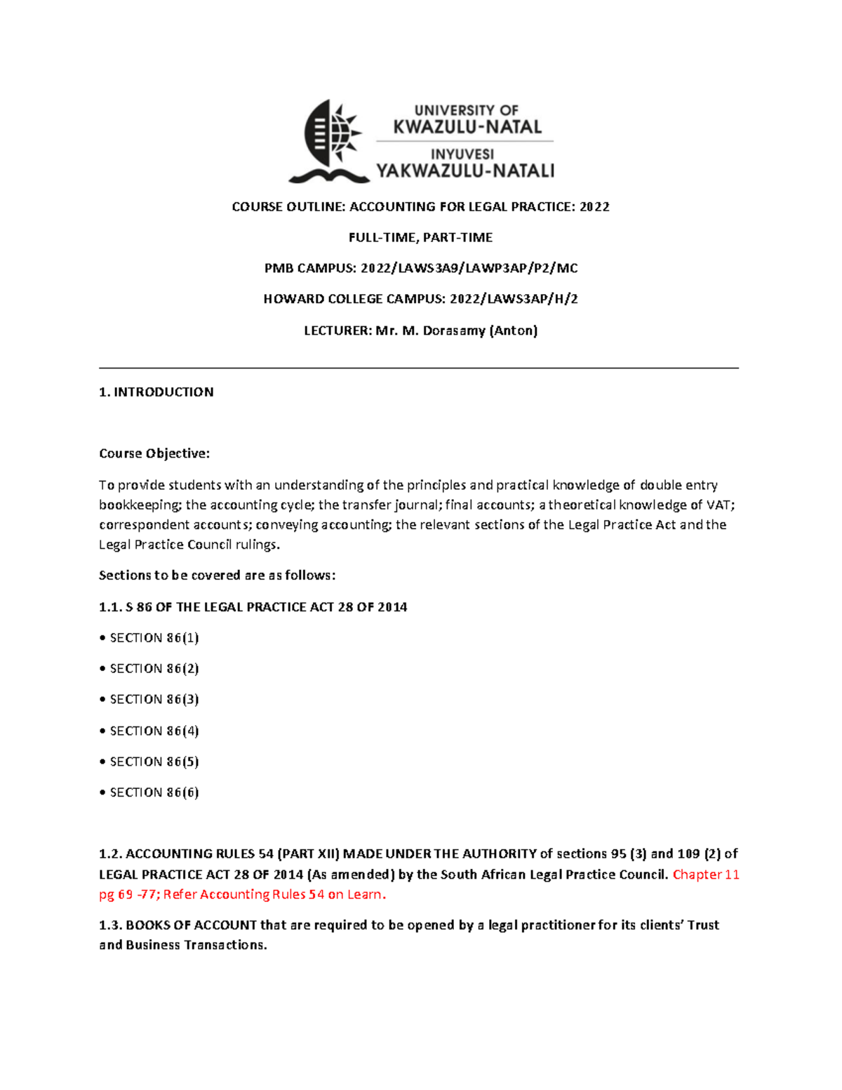 2022 Course Outline - Accounting FOR Legal Practice - COURSE OUTLINE ...