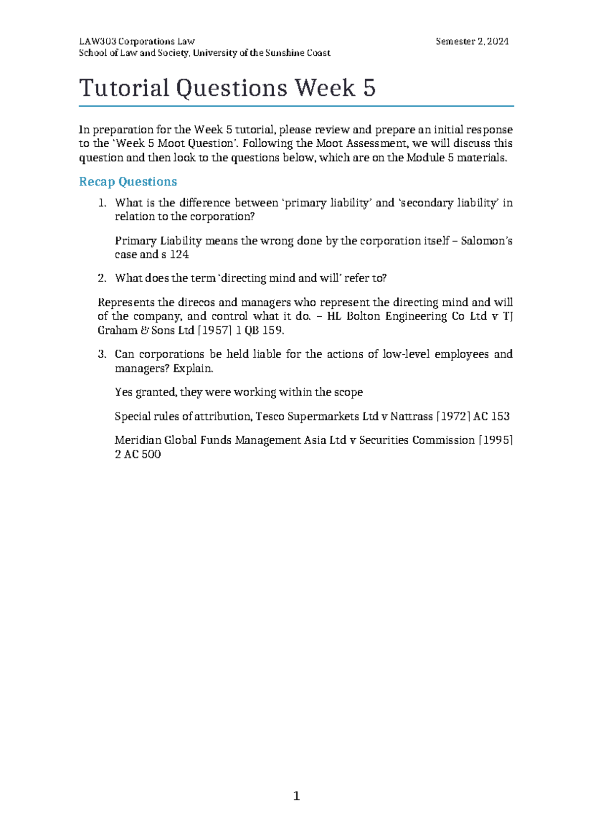 LAW303 Week 5 Tutorial Questions - School of Law and Society, University of the Sunshine Coast ...