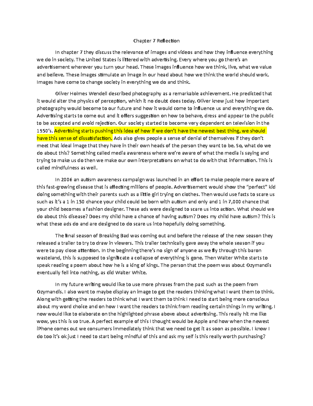 ENGL C-7 - Chapter 7 summary - Chapter 7 Relecion In chapter 7 they ...