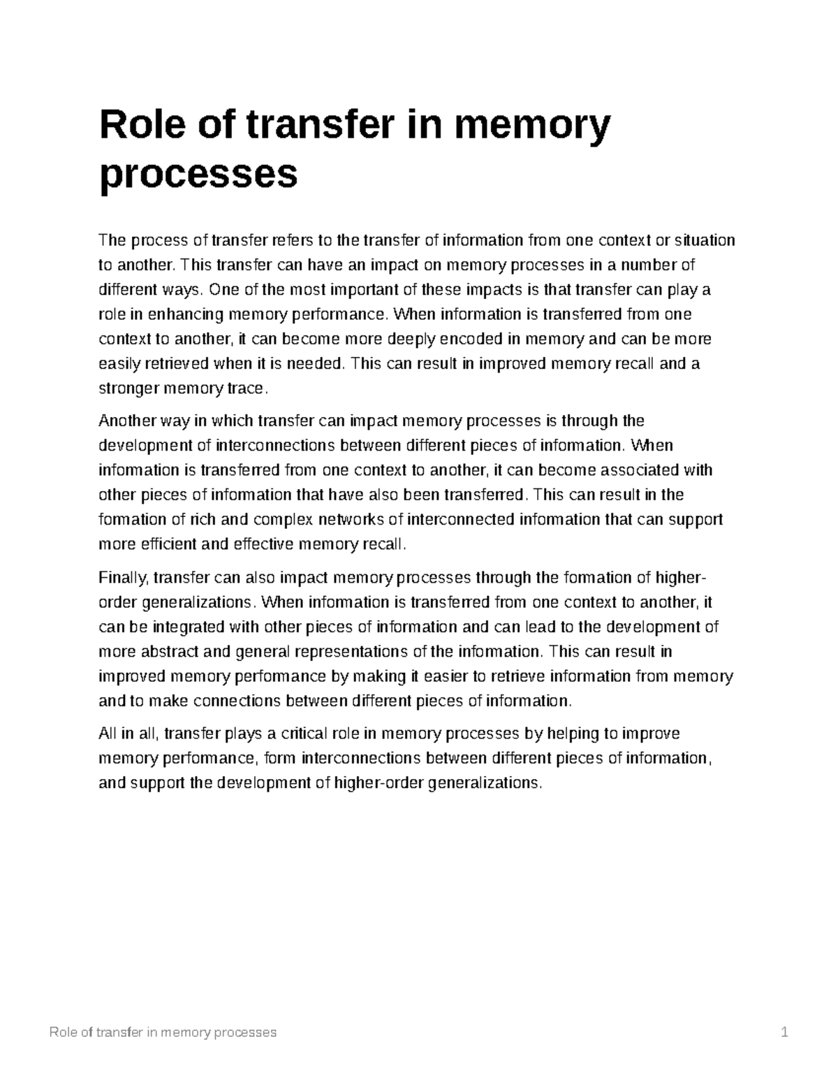 Role of transfer in memory processes - This transfer can have an impact on memory processes in a ...