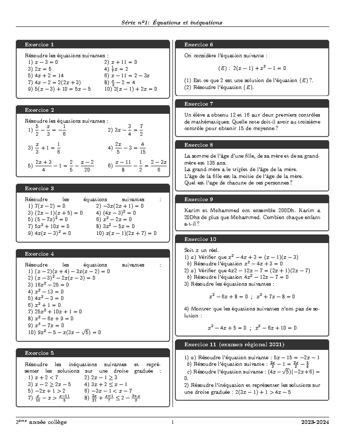 Equations 3ac - Série nº1: Équations et inéquations Exercice 1 Résoudre ...