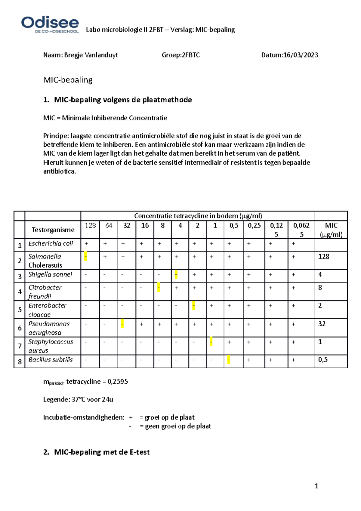 Sjabloon verslag 3 MIC-bepaling - Labo microbiologie II 2FBT – Verslag ...