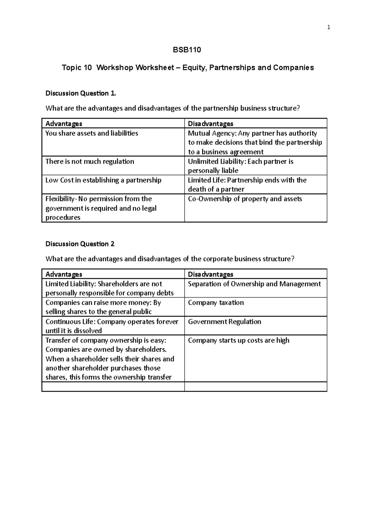 Workshop 10 Tutorial from - BSB Topic 10 Workshop Worksheet – Equity ...